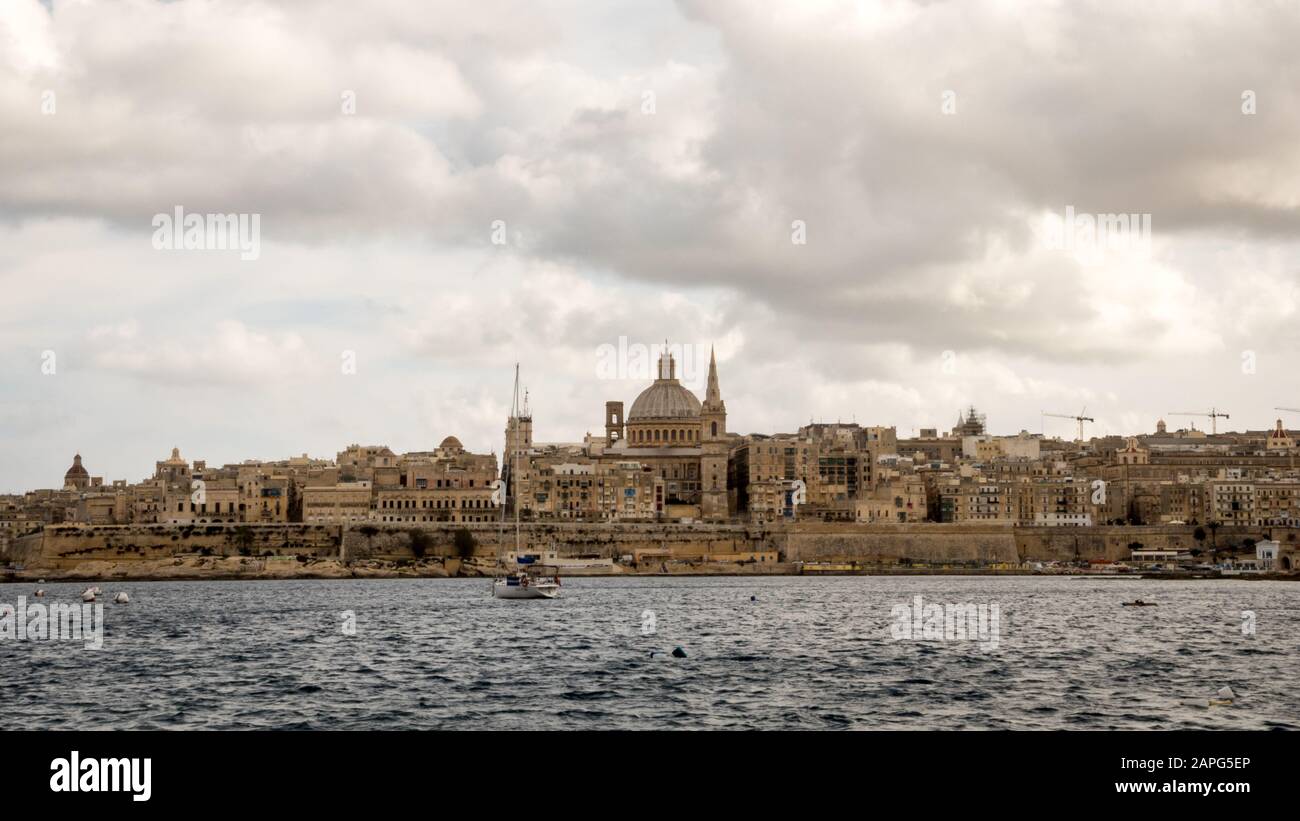 Valletta, Malta. An overcast view of the city skyline of the Maltese ...