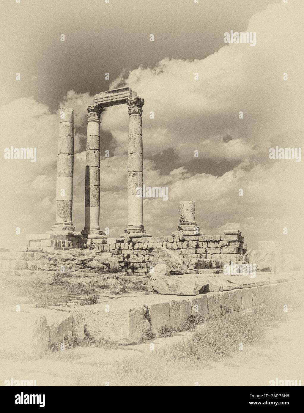 Jordan. Scenic landscapes in monochrome from the Citadel of the remains ...