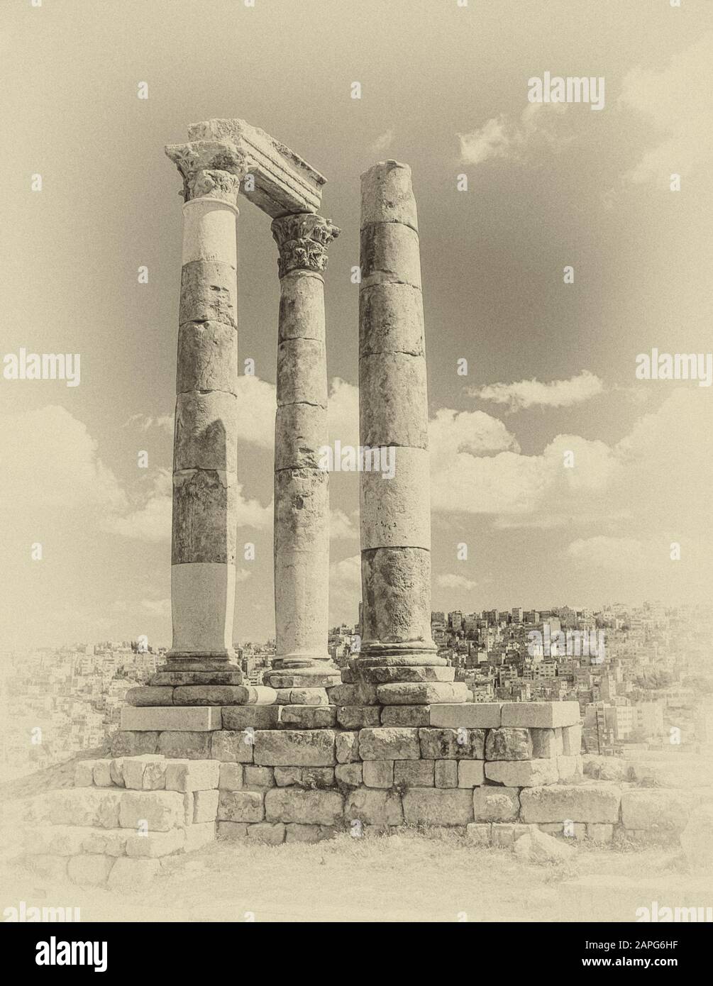 Jordan. Scenic landscapes in monochrome from the Citadel of the remains ...