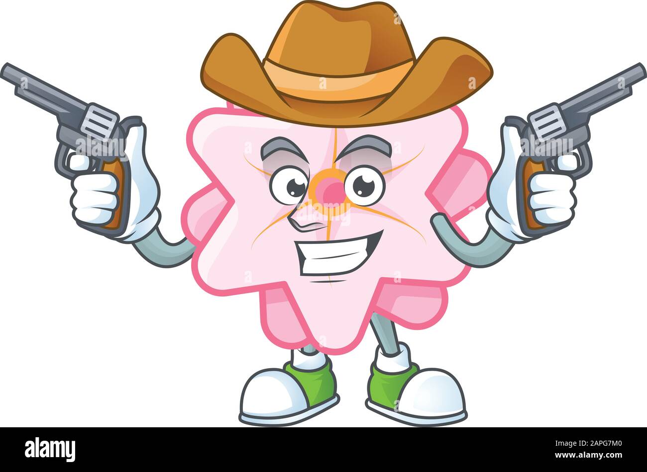 Confident chinese pink flower Cowboy cartoon character holding guns ...