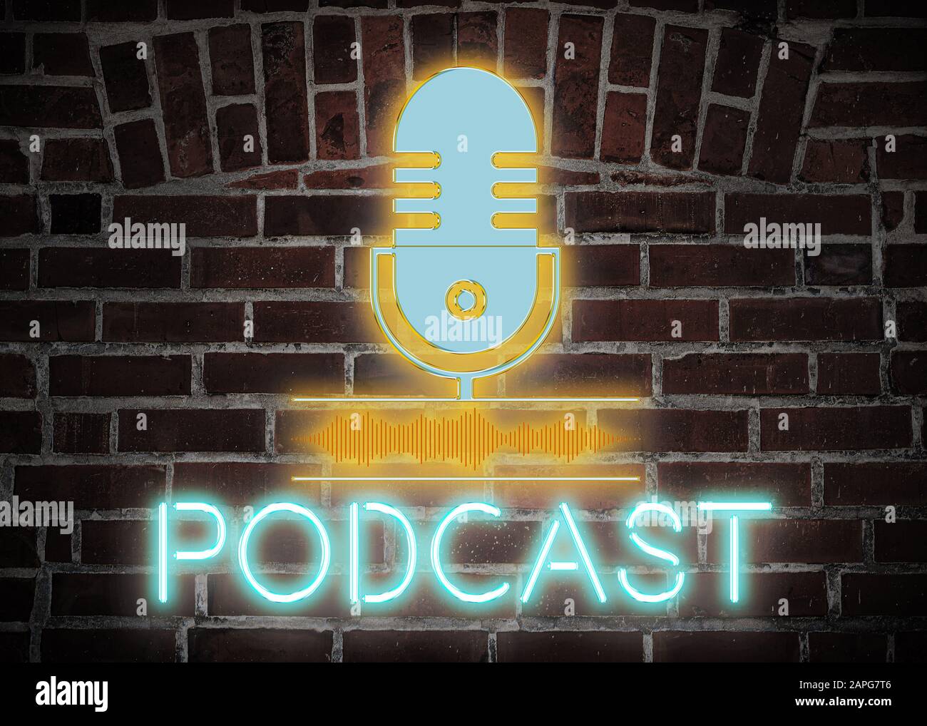 word PODCAST and microphone in glowing neon on rough brick wall ...