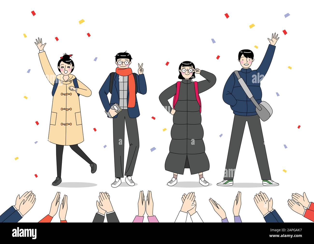 Group of cartoon teenager, high school students are enjoying themselves ...