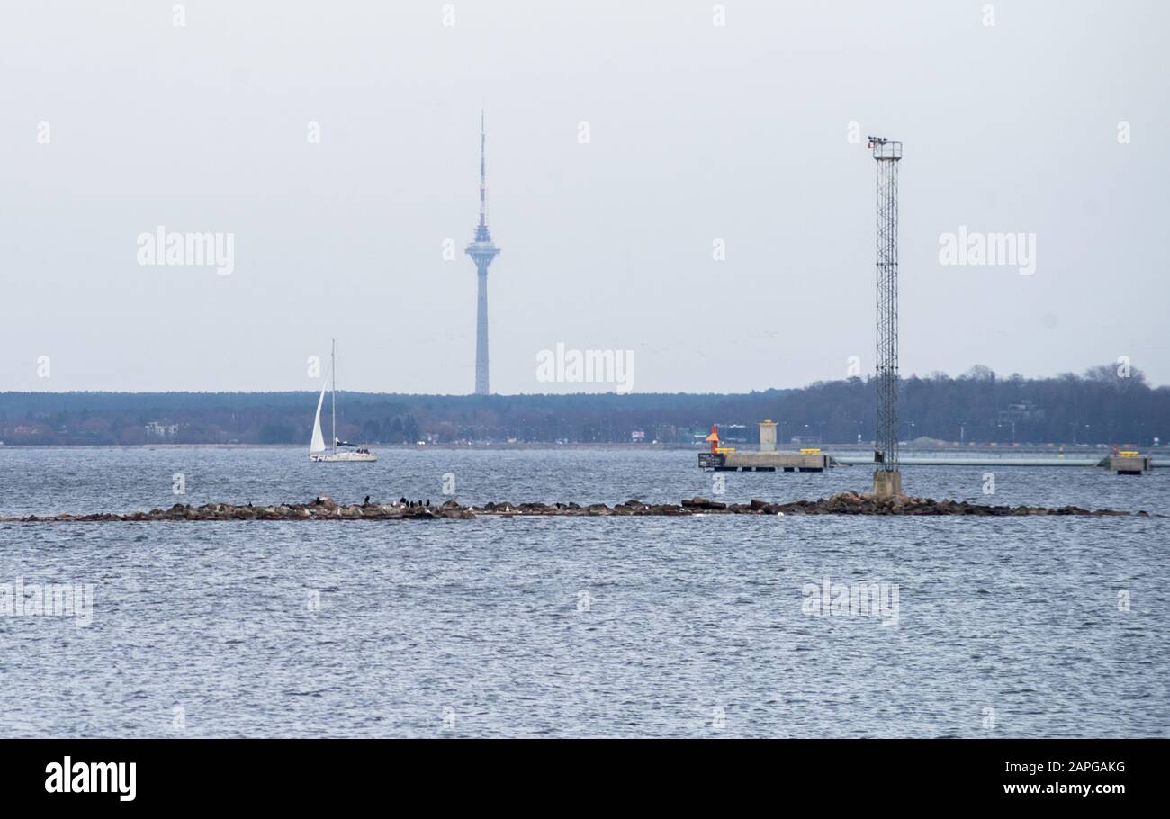 View of the Bay, sailing boat and Tallinn TV tower Stock Photo - Alamy