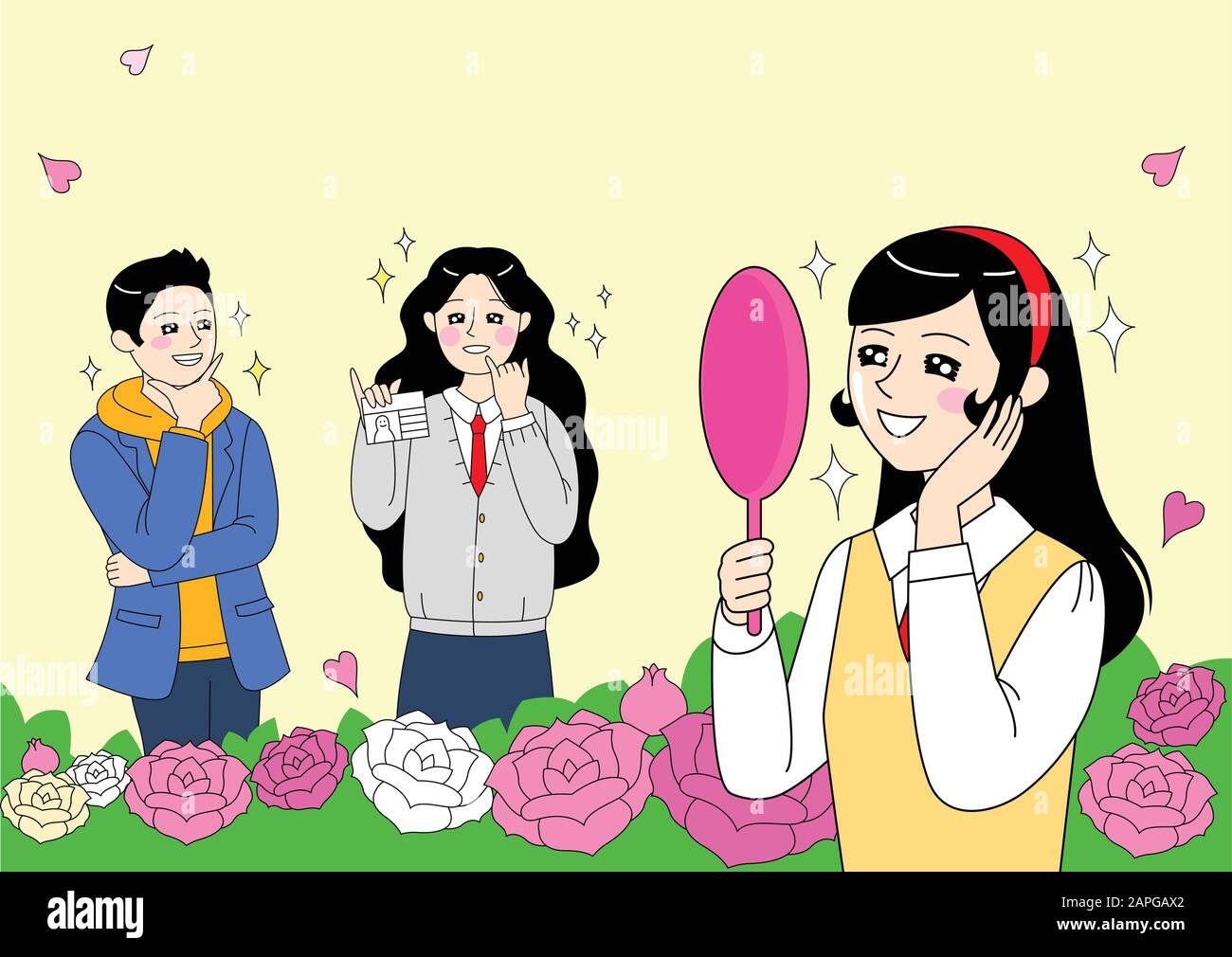 Group of cartoon teenager, high school students are enjoying themselves ...