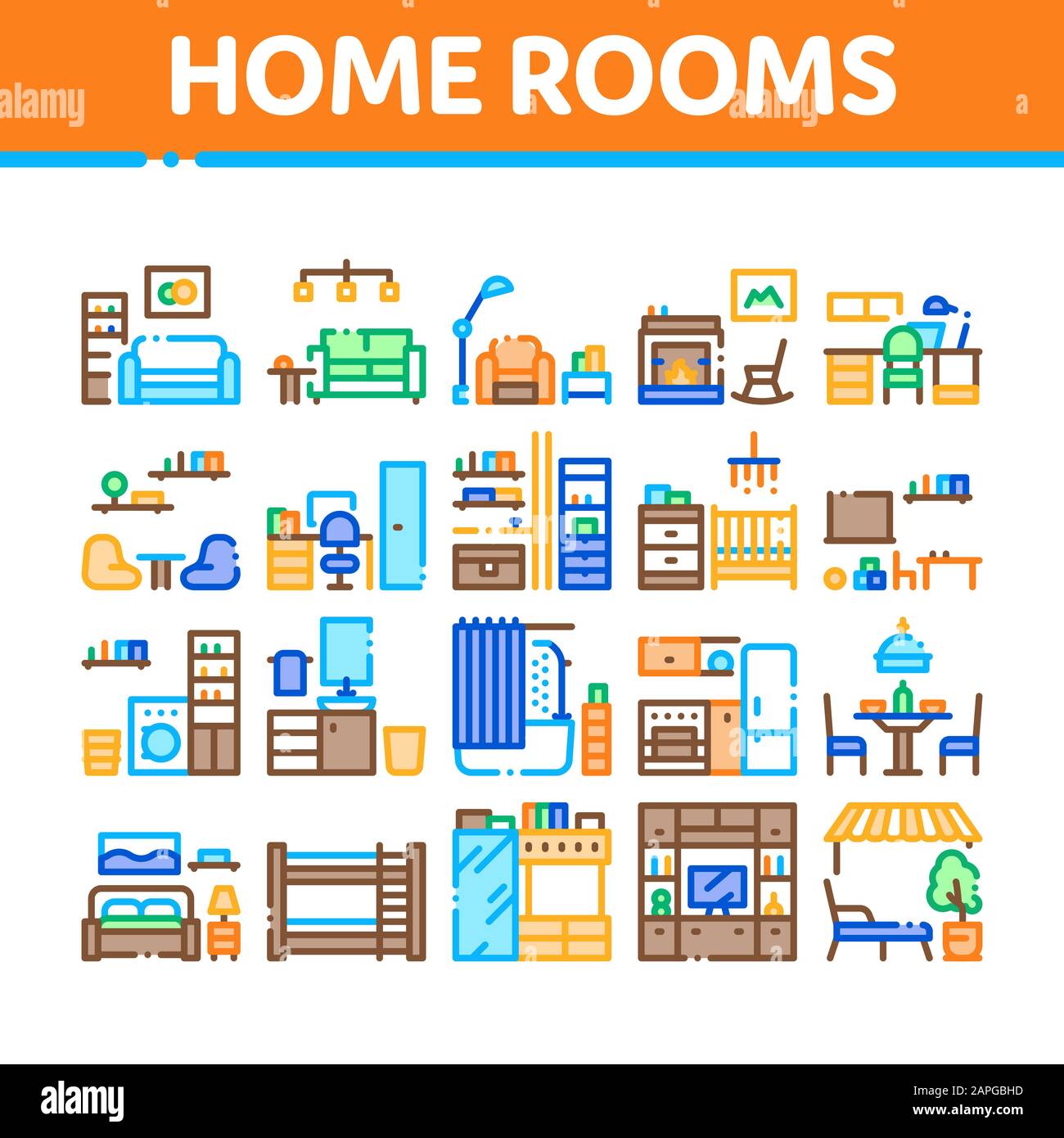 Home Rooms Furniture Collection Icons Set Vector Stock Vector Image ...
