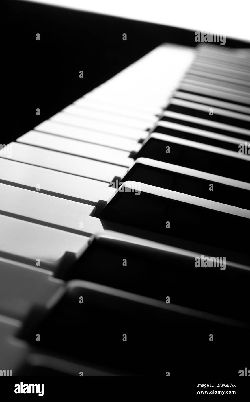 Side, perspective view of electronic synthesizer piano keys. Horizontal ...