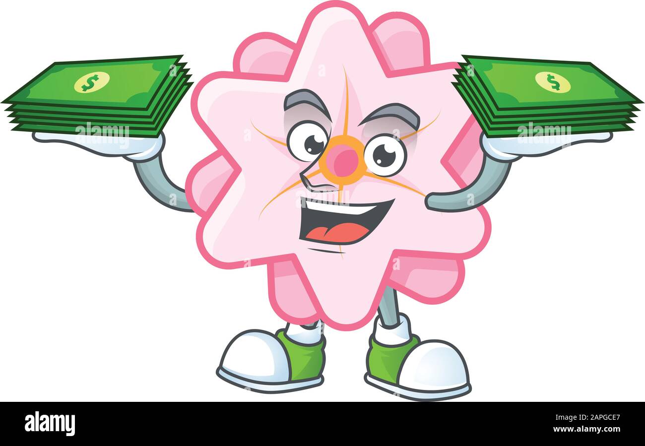 happy rich chinese pink flower character with money on hands Stock ...