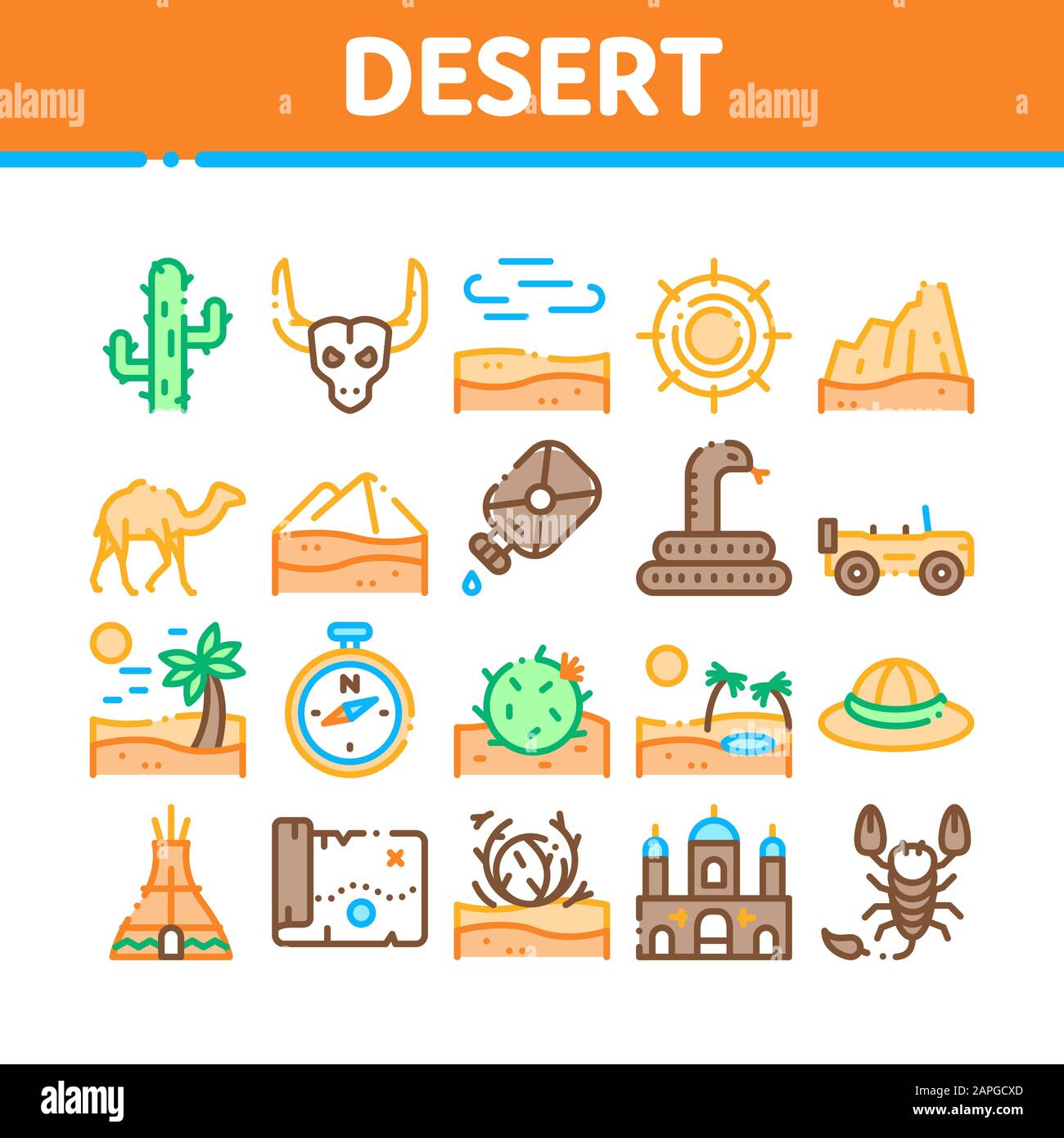 Desert Sandy Landscape Collection Icons Set Vector Stock Vector Image ...