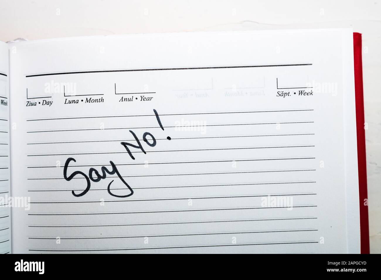 Say no, handwriting text on page of office agenda. Copy space Stock ...