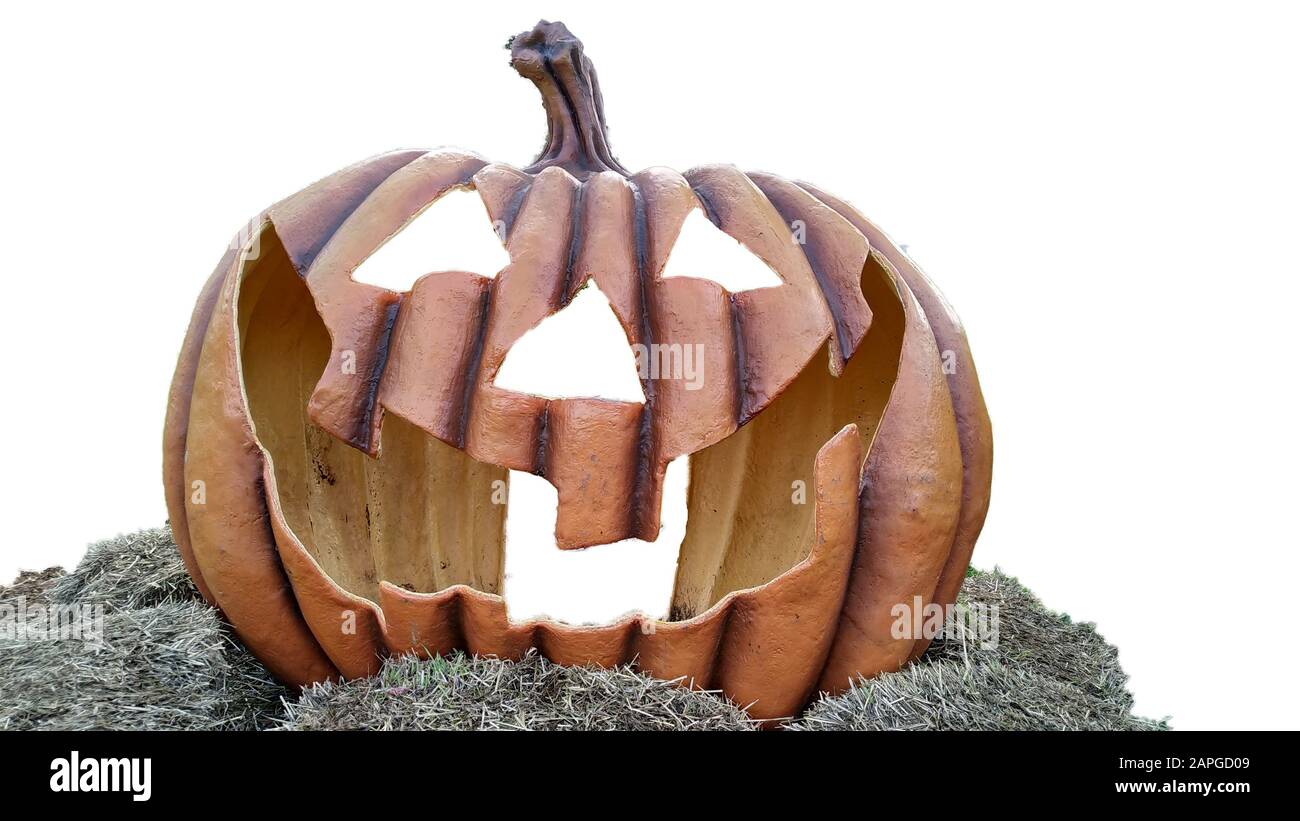 Empty pumpkin with a scary face engraved on it against a white ...