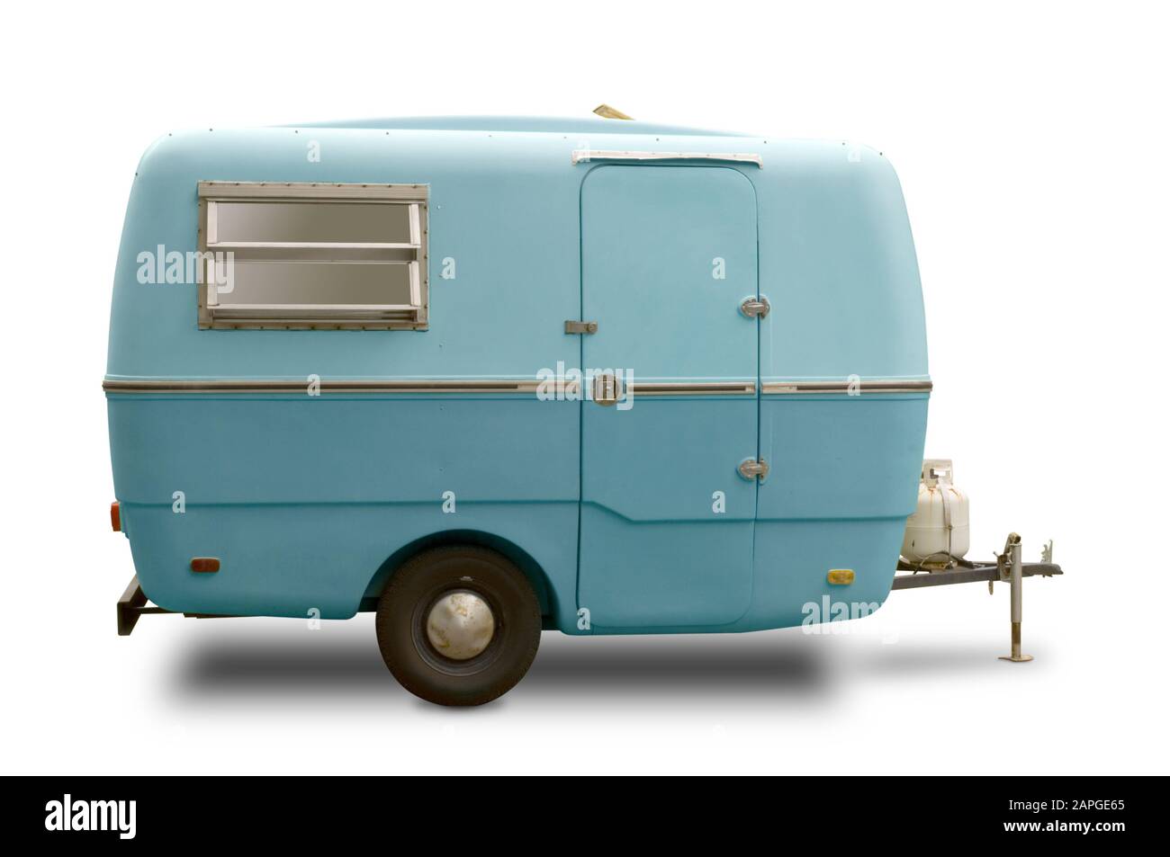 Illustration of a blue mini RV trailer under the lights against a white ...