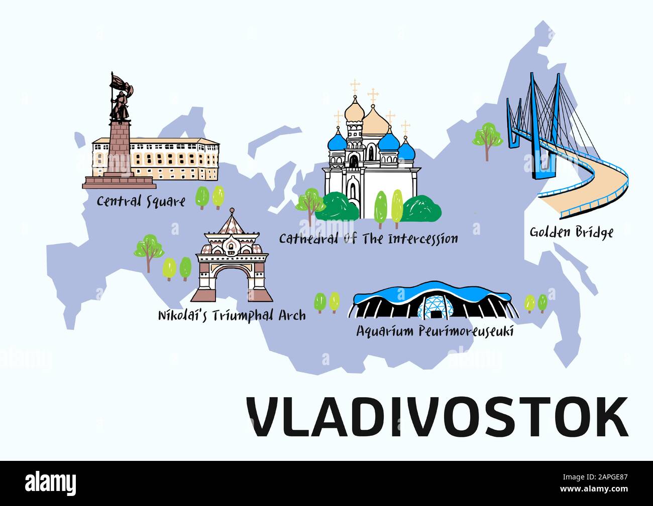 World travel map attraction tourist symbols sightseeing illustration ...