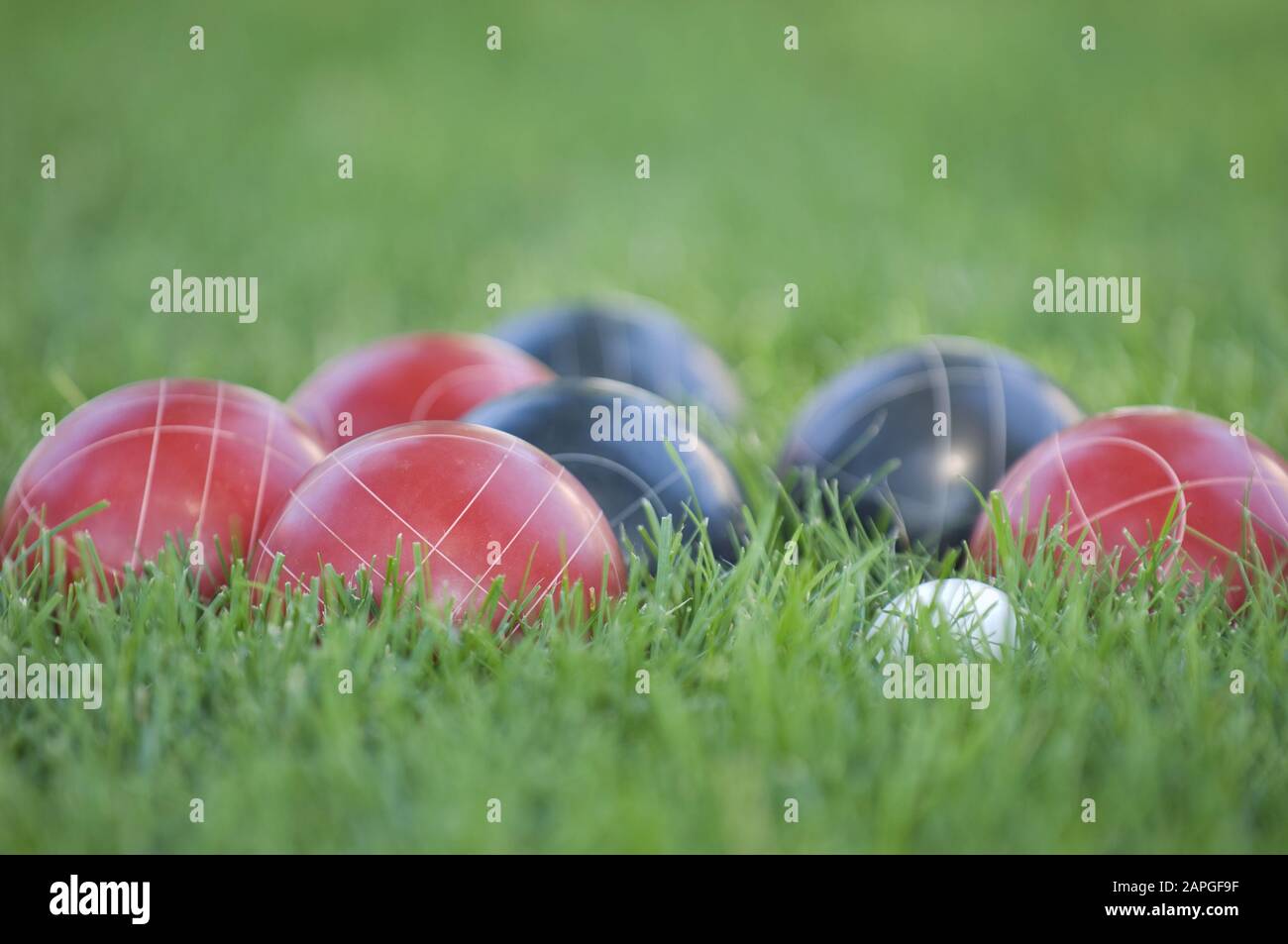 Picture of colourful bocce balls on the lawn under the sunlight with a ...