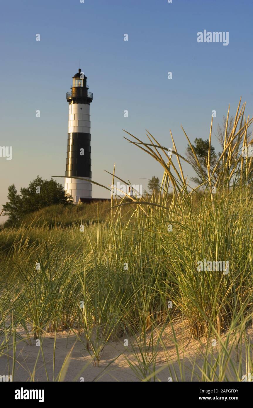 Big Sable Point Lighthouse surrounded by greenery and sand under the ...