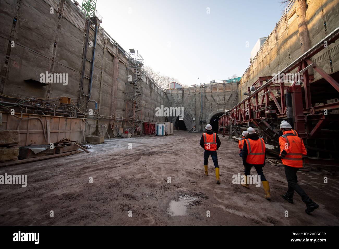 Stuttgart, Germany. 21st Jan, 2020. Visitors walk through an excavation ...