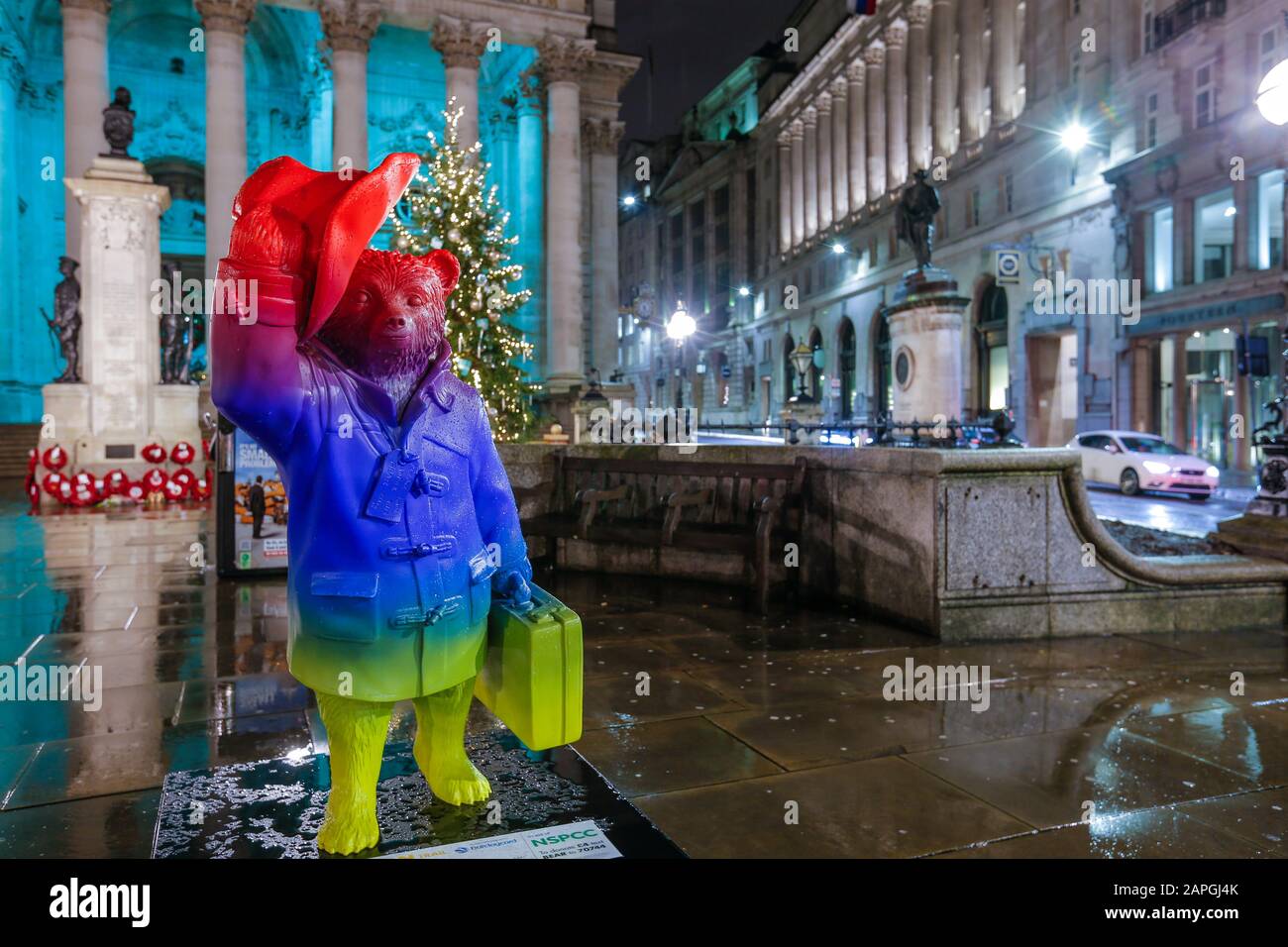 London, UK. Paddington Bear evening colorful statue near Bank station ...