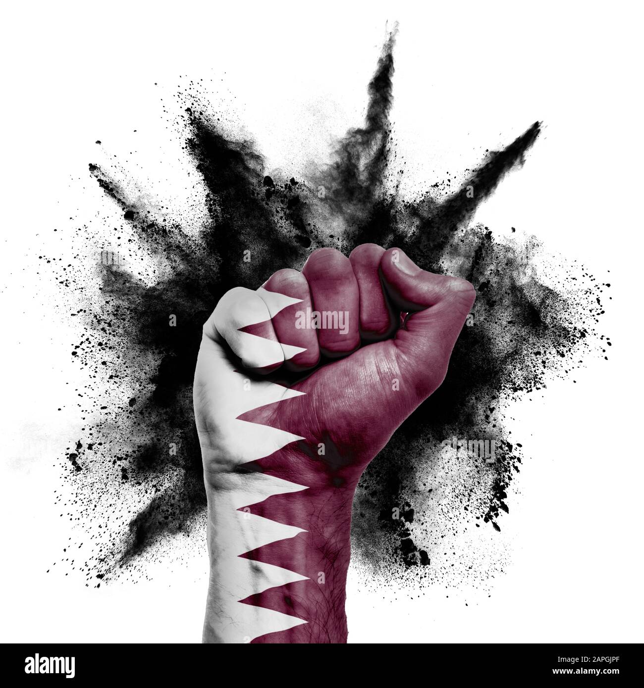 Qatar raised fist with powder explosion, power, protest concept Stock ...
