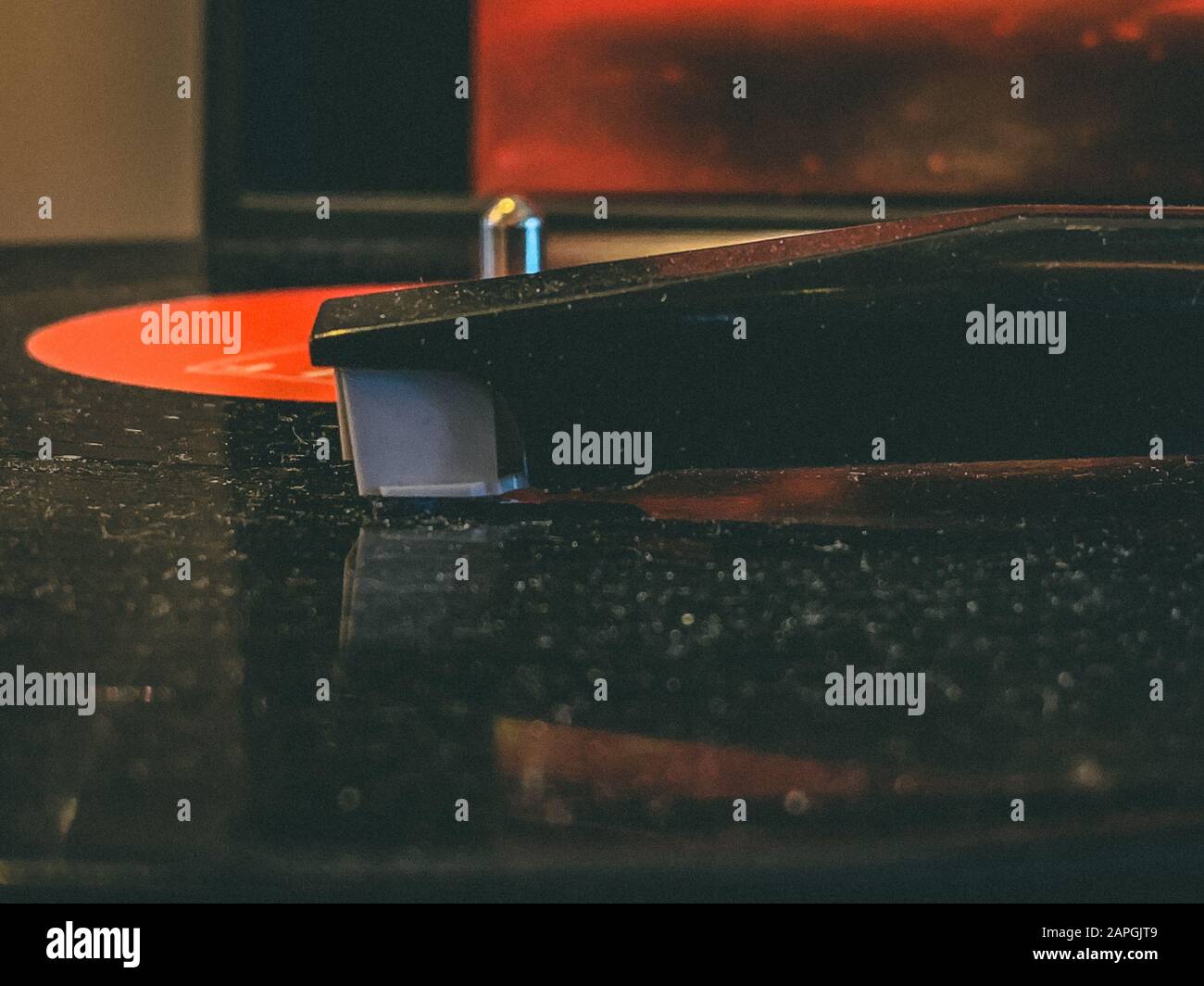 Closeup shot of a headshell of modern gramophone with a blurred in the ...