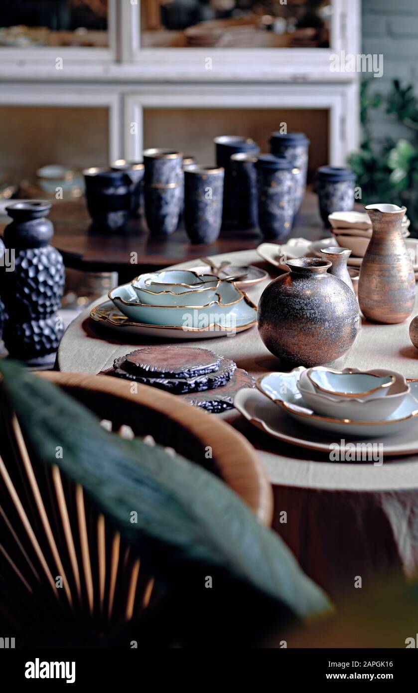 Showcase of handmade ceramic pottery in a art market Stock Photo - Alamy
