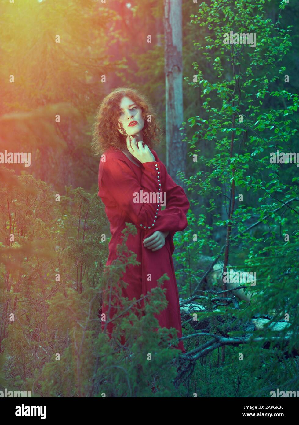 Young woman in red dress in the mystical forest Stock Photo - Alamy