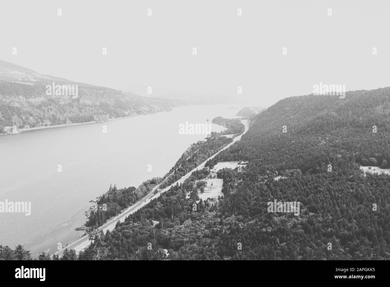 High angle greyscale of a river surrounded by hills covered in forests ...