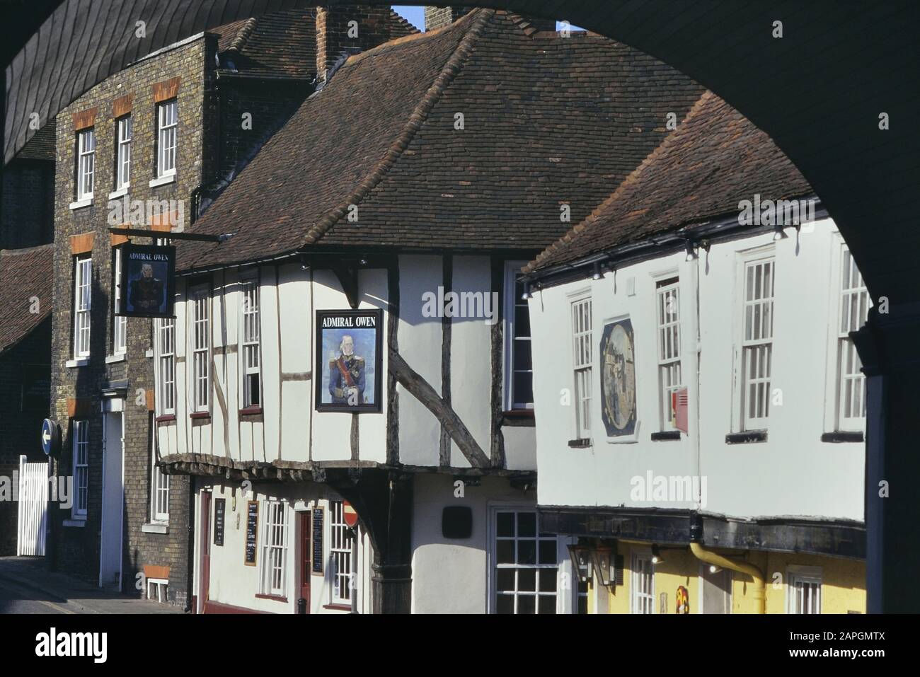 Looking through the Barbican & Toll bridge to Sandwich, Kent towards ...