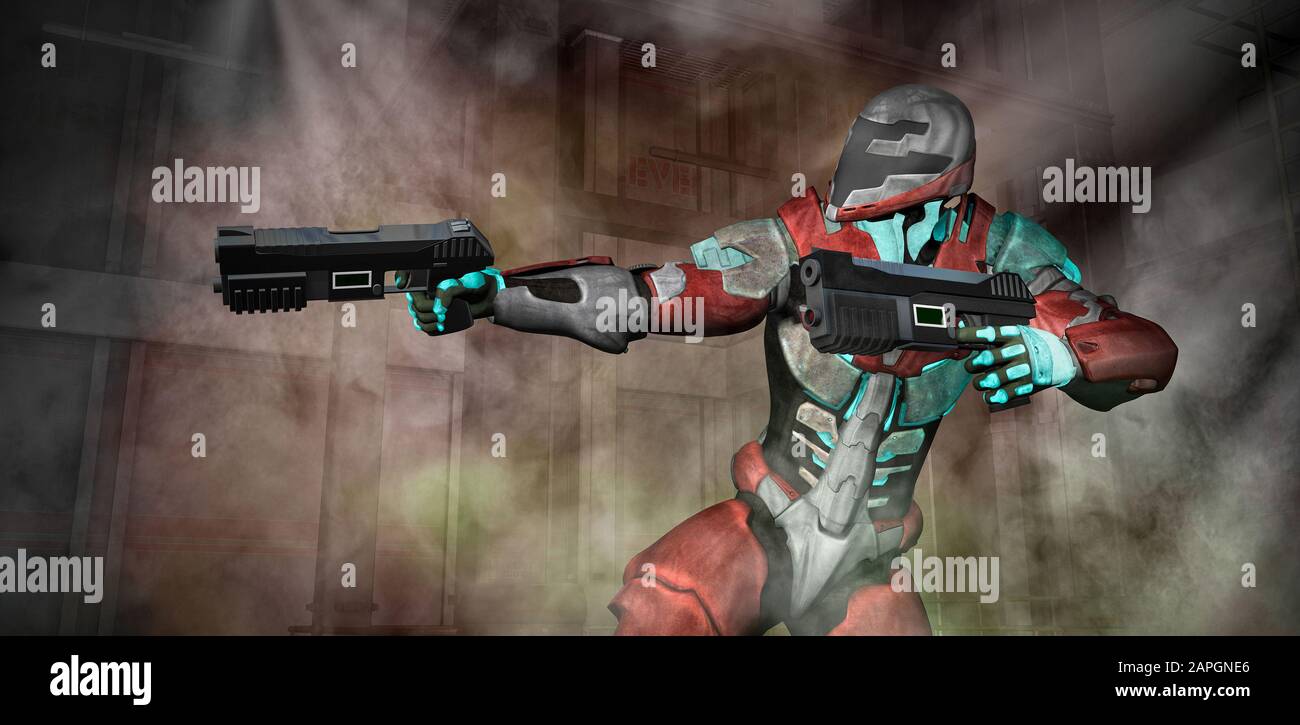 space soldier with space suit during a battle! Armed with two big guns ...