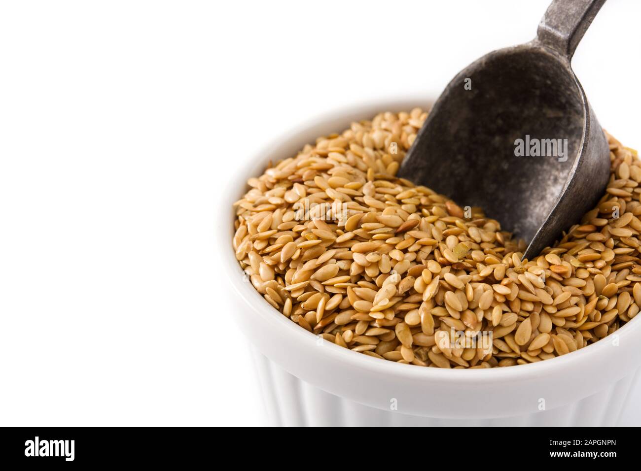 Golden flax seeds in white bowl isolated on white background Stock ...