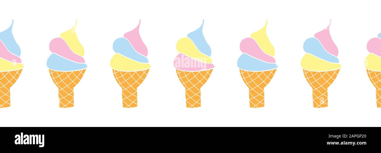 Ice cream cone seamless vector border. Waffle cones with soft ice cream ...