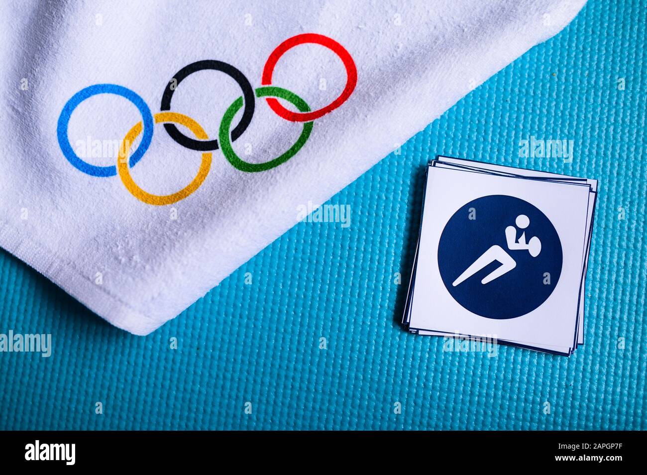 TOKYO, JAPAN, JANUARY. 20. 2020: Rugby pictogram and olympic rings ...