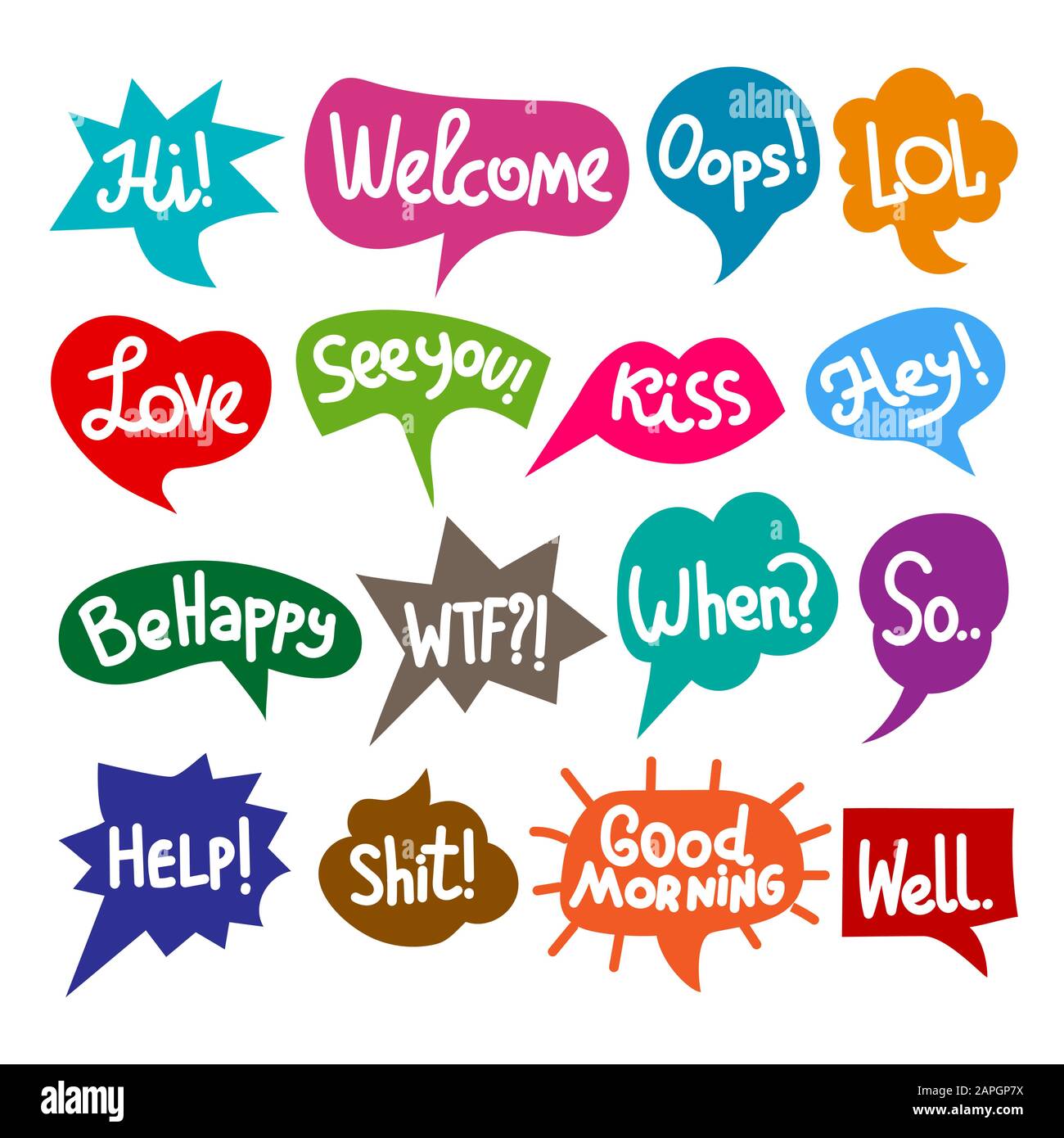 set of bubbles speech with short message, phrases text colorful chat ...