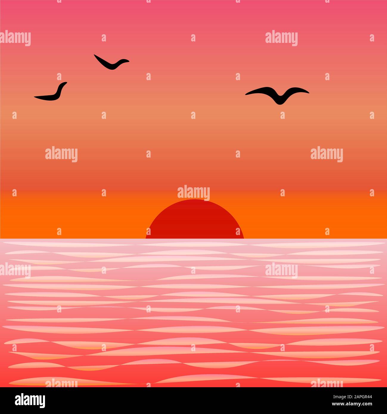 Calm sea or ocean waves, colourful sunset and flying seagulls Stock ...