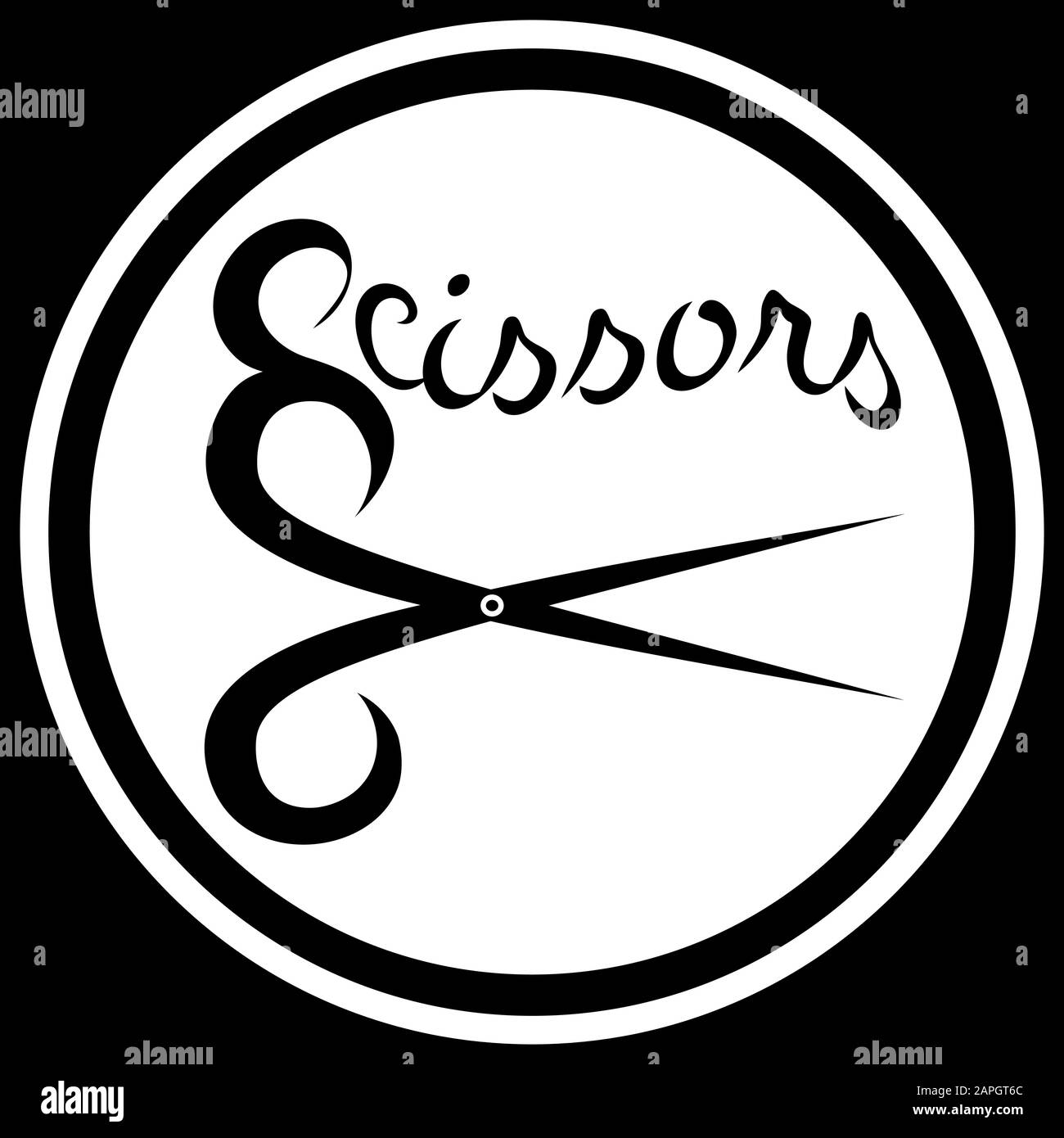 Stylized text scissors and shears in black and white circle Stock ...