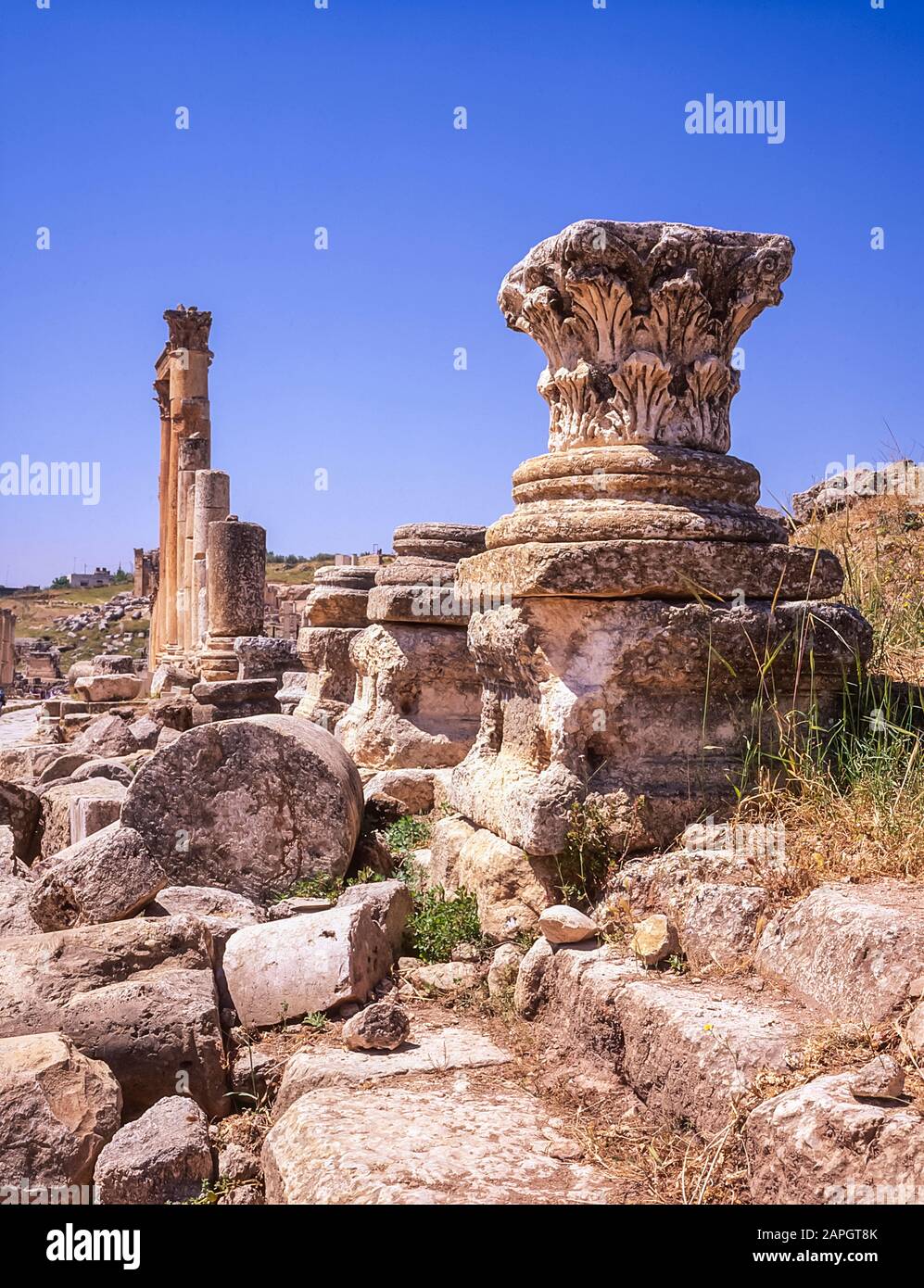Jordan. General ruins with free standing stone columns on the once main ...