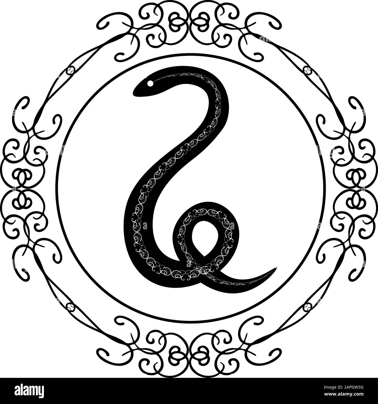 Black snake with white tracery on skin in delicate ornamental circle ...