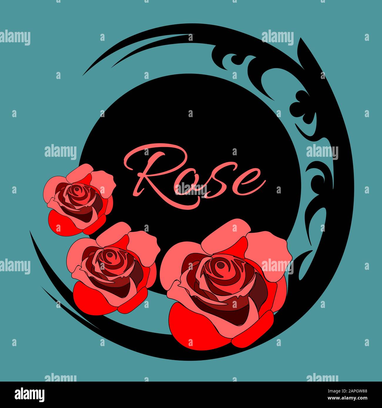 Three red roses by black ornate pattern, blue background, text 'rose ...