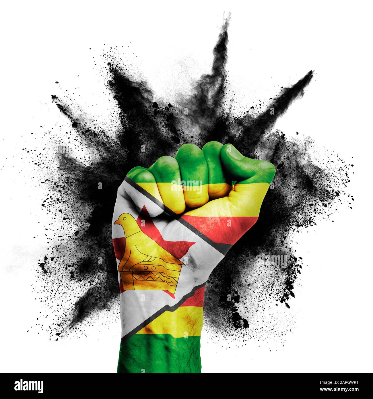 Zimbabwe raised fist with powder explosion, power, protest concept ...