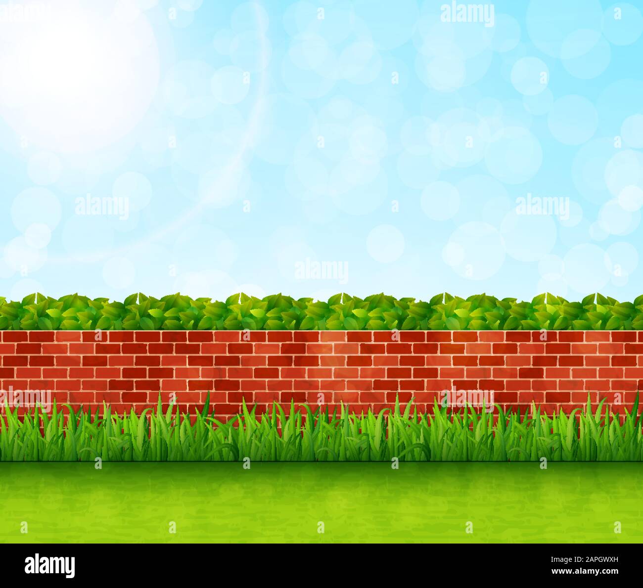Garden background with brick wall and green grass vector Stock Vector ...