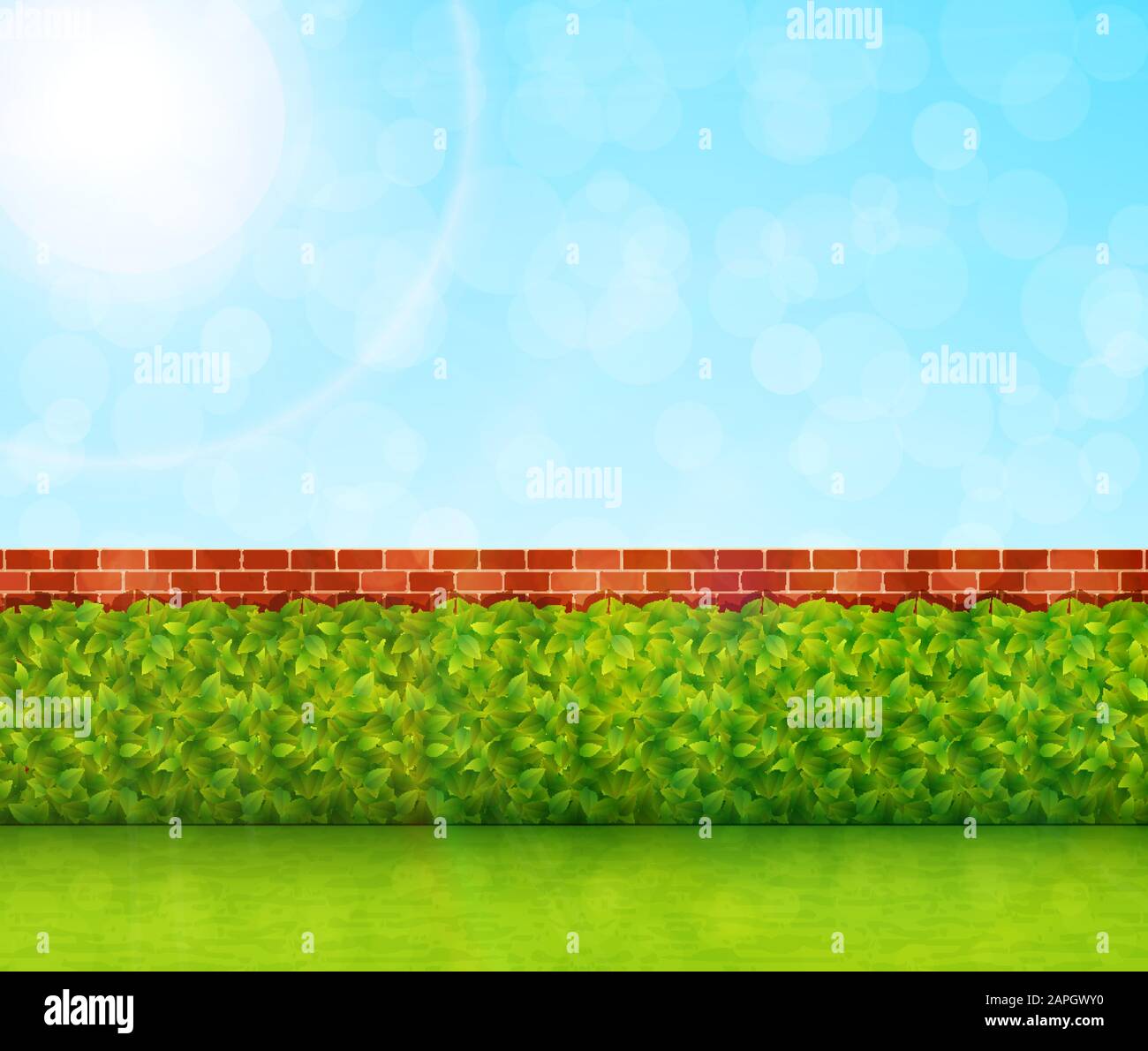 Garden background with green grass and brick wall vector Stock Vector ...
