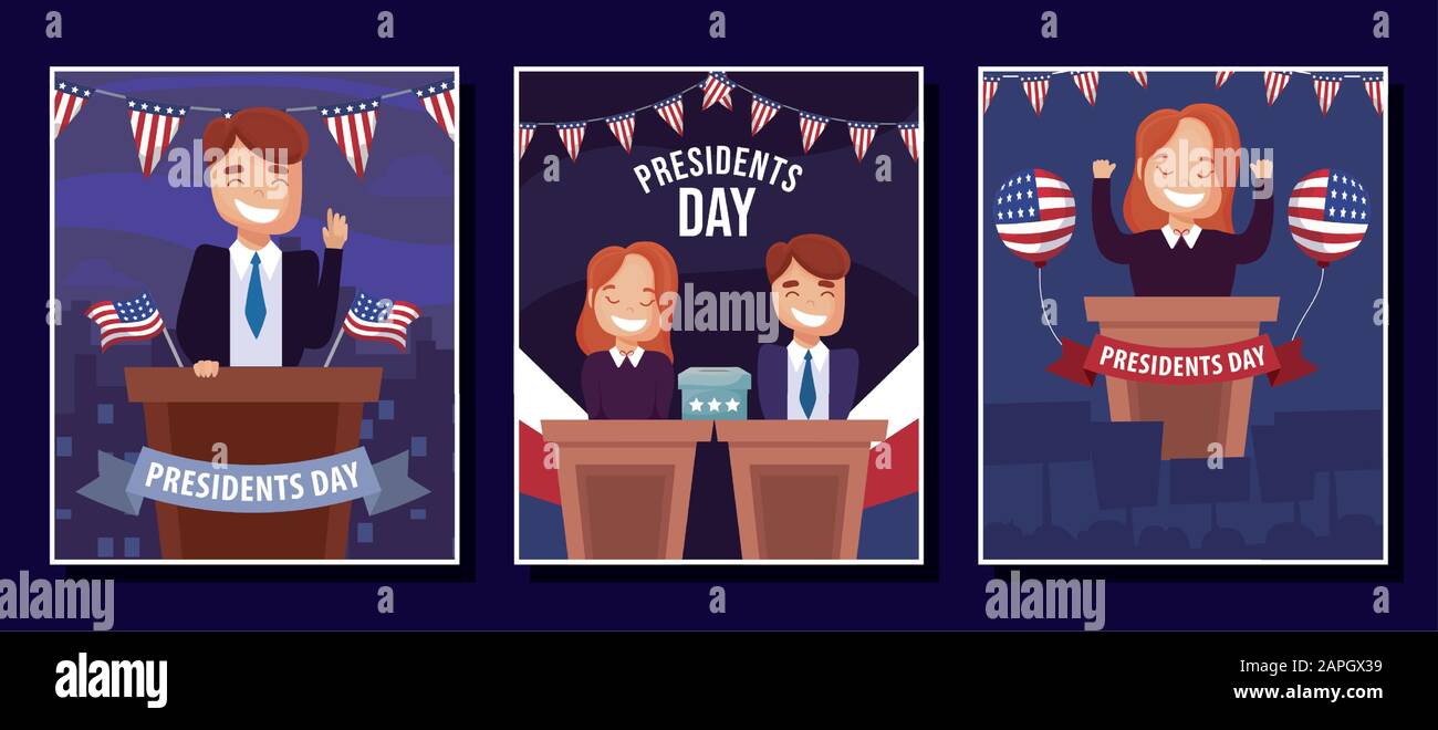 Woman and man in podium design, Usa happy presidents day elections ...