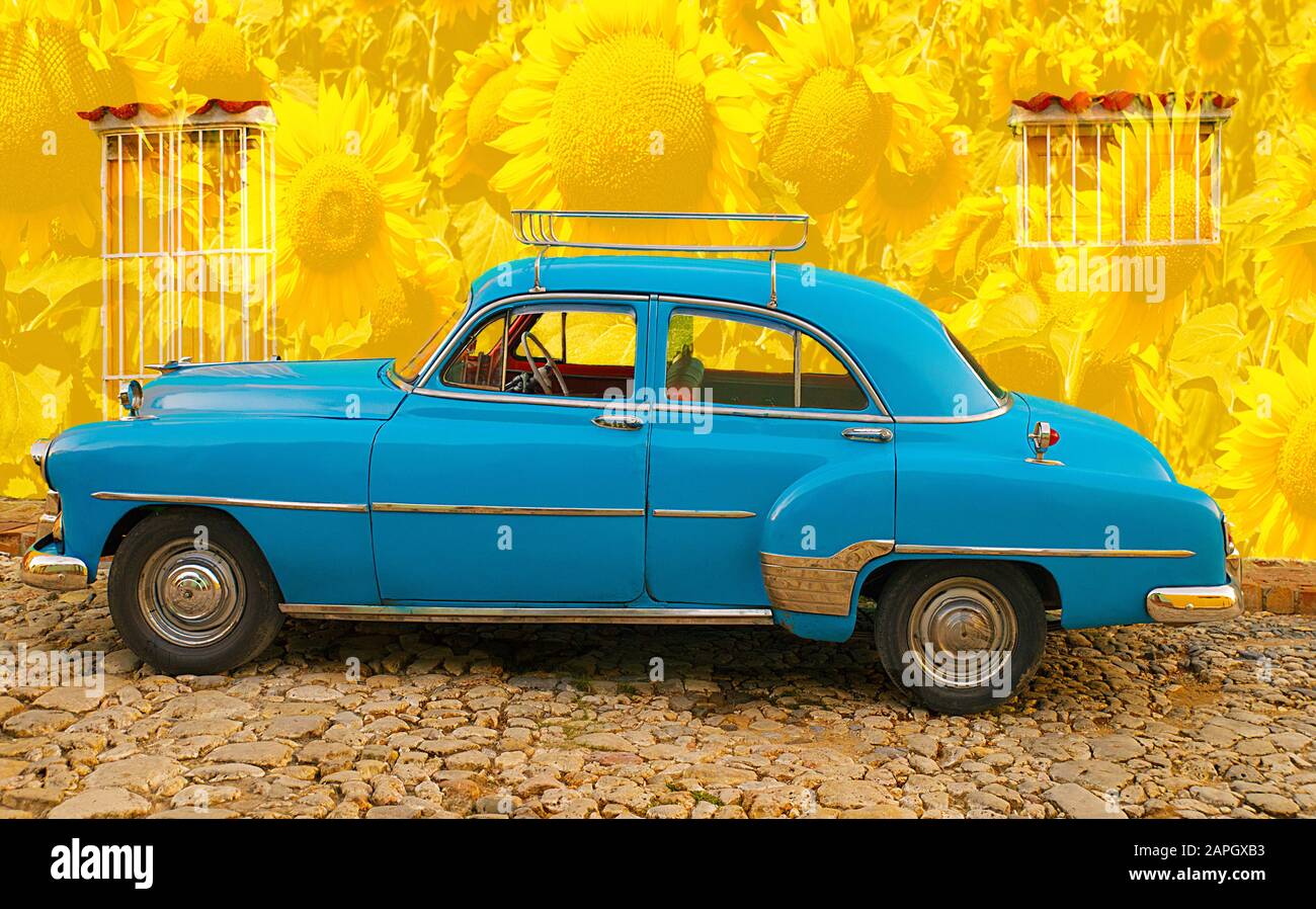 blue almendron parked on yellow wall with sunflowers, cuba Stock Photo ...