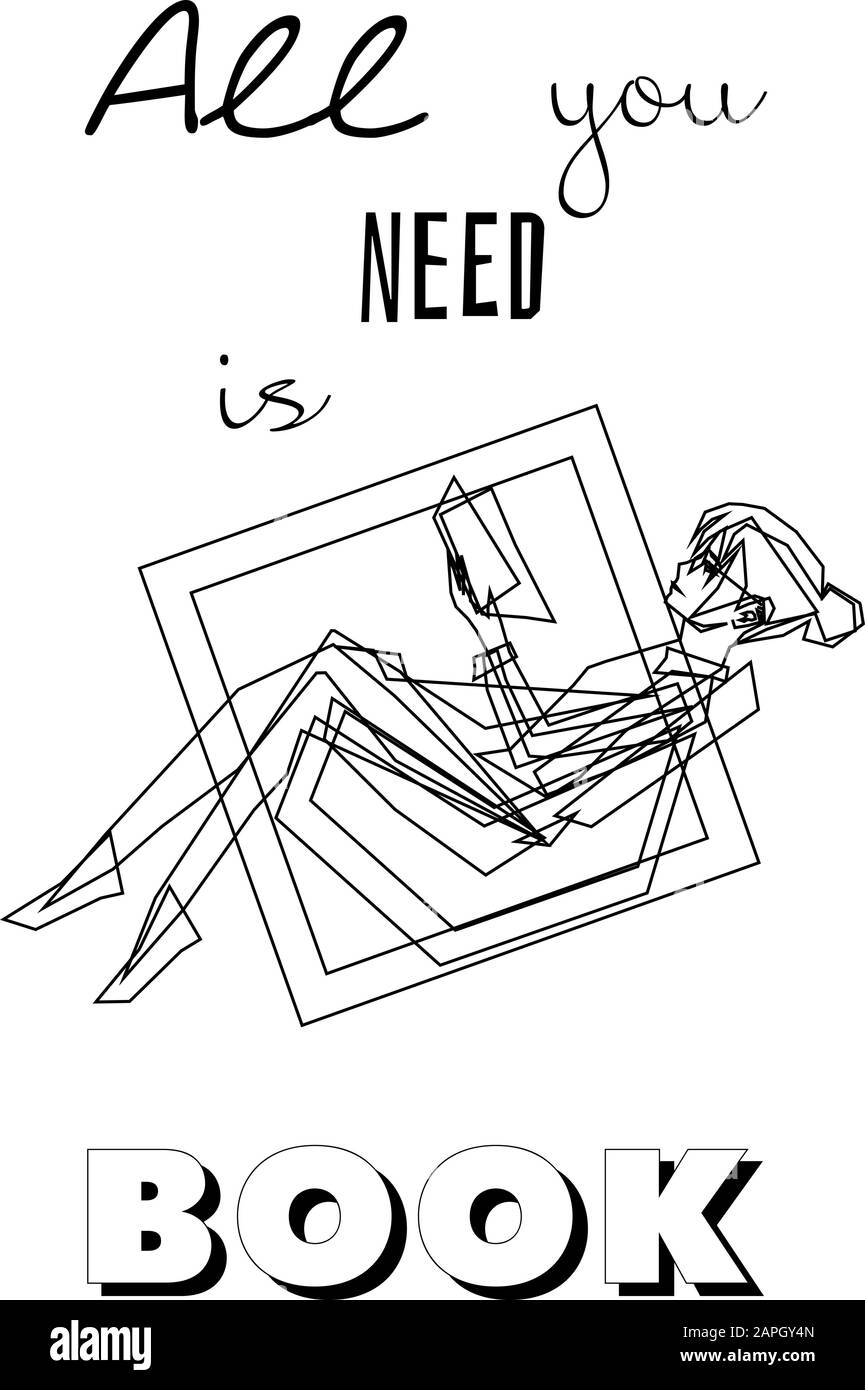 Contour sketch with woman sitting on armchair and reading a book Stock ...