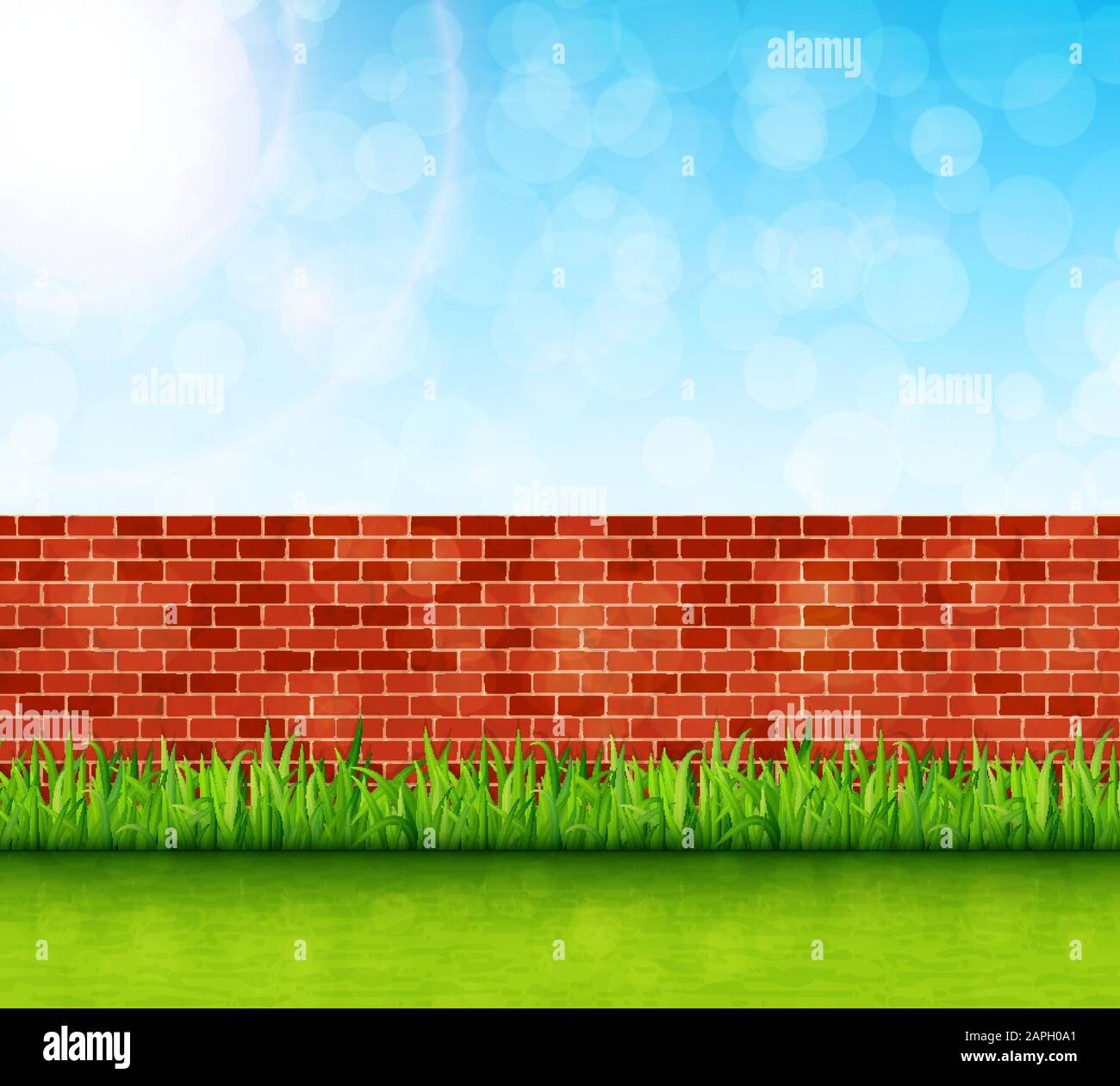 Garden background with brick wall and green grass vector Stock Vector ...