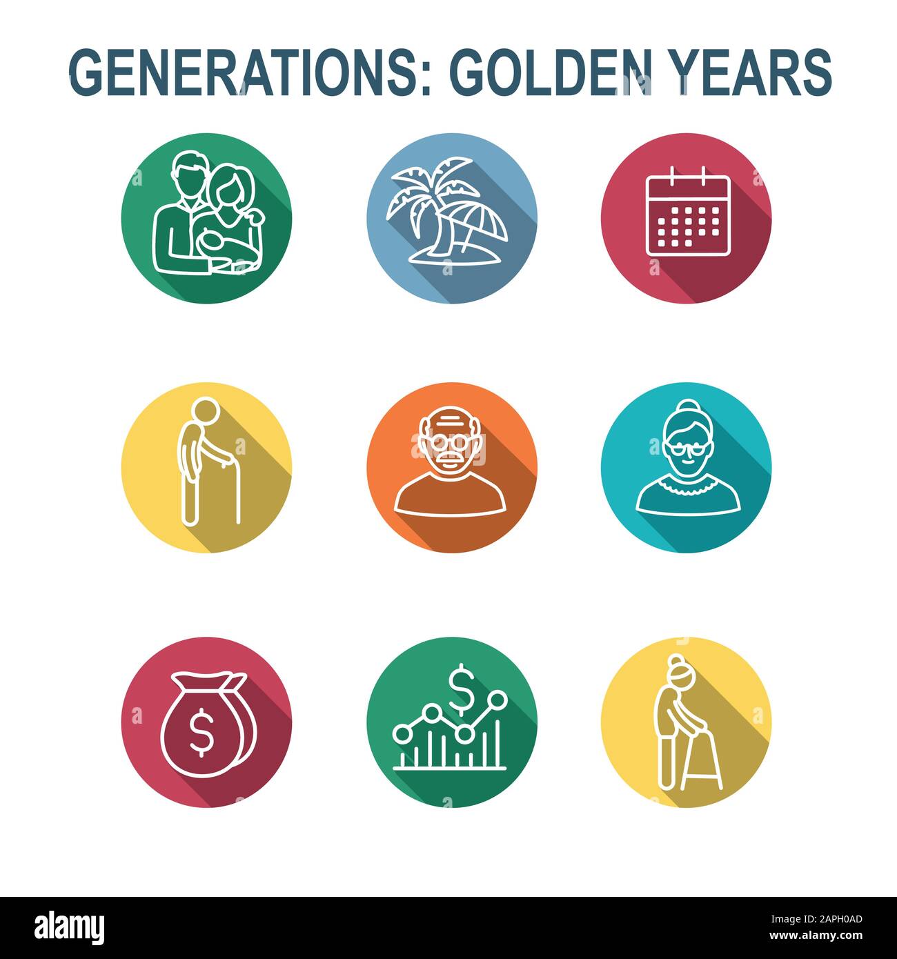 Generations: Golden Years Icon Set with retirement calendar , money ...