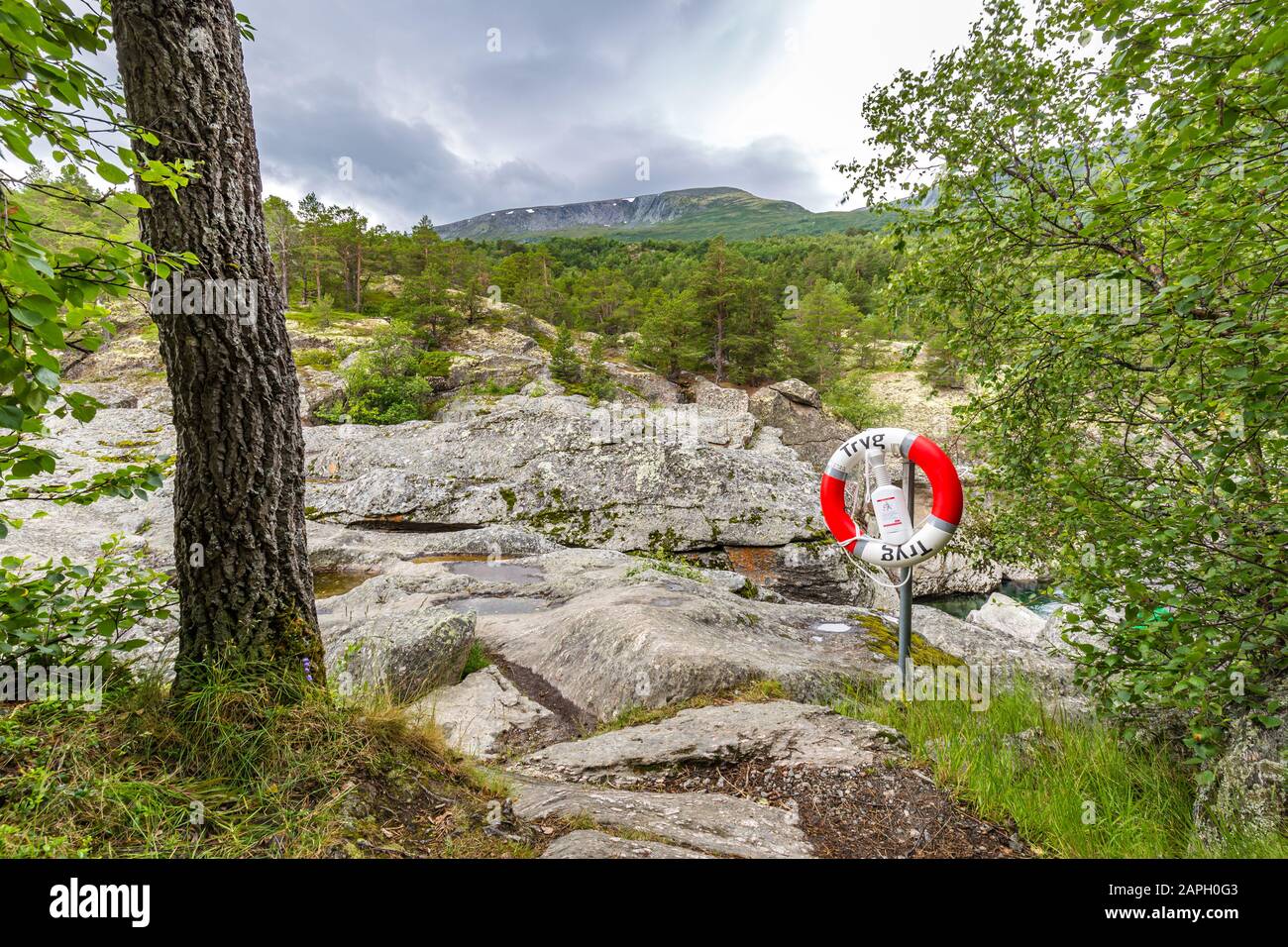 Tryg, Norway, July 21, 2019: Rescue tire at Magalaupet gorge of river ...