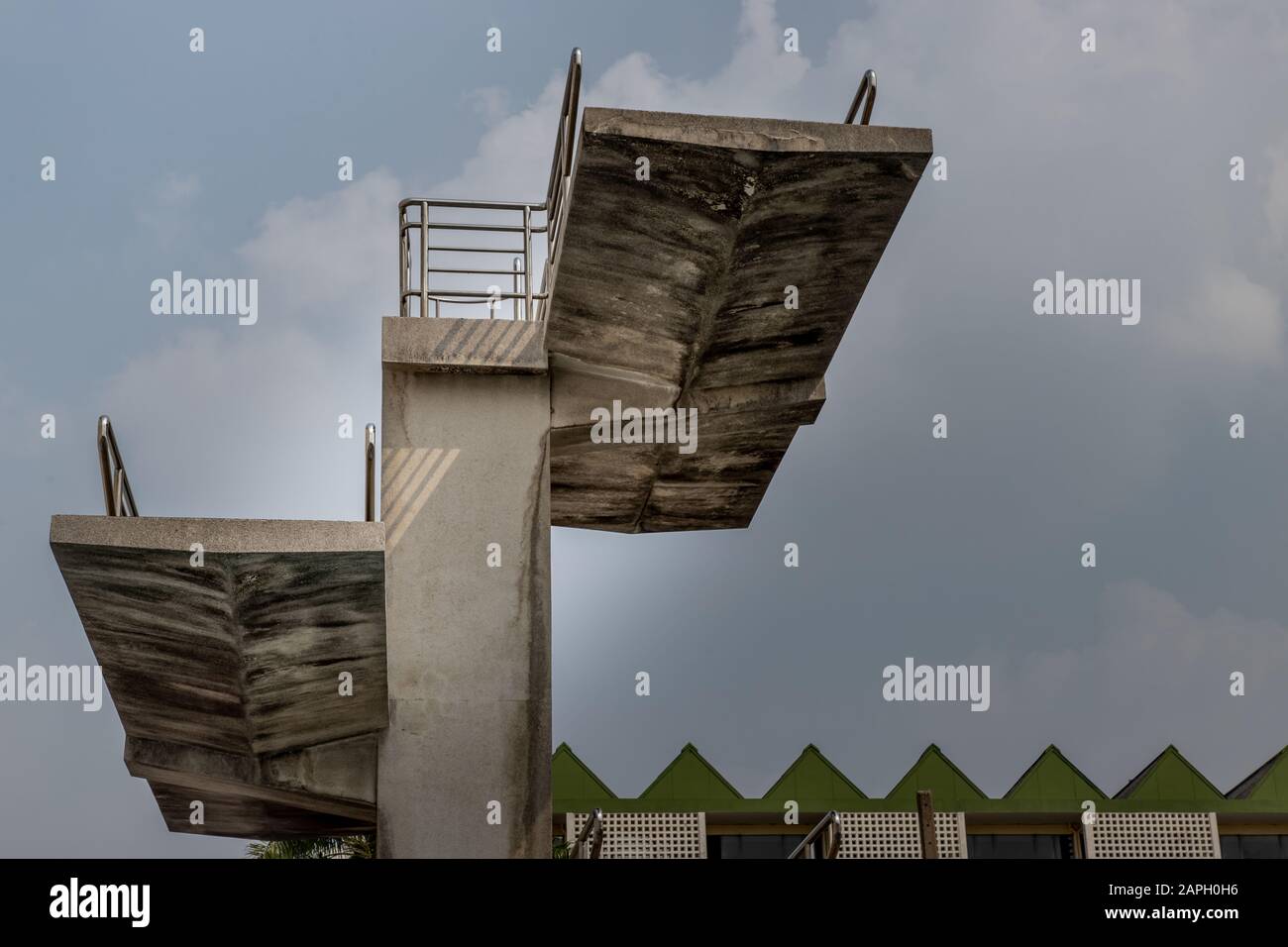 The springboard on Old diving platform with sky background, copy space ...