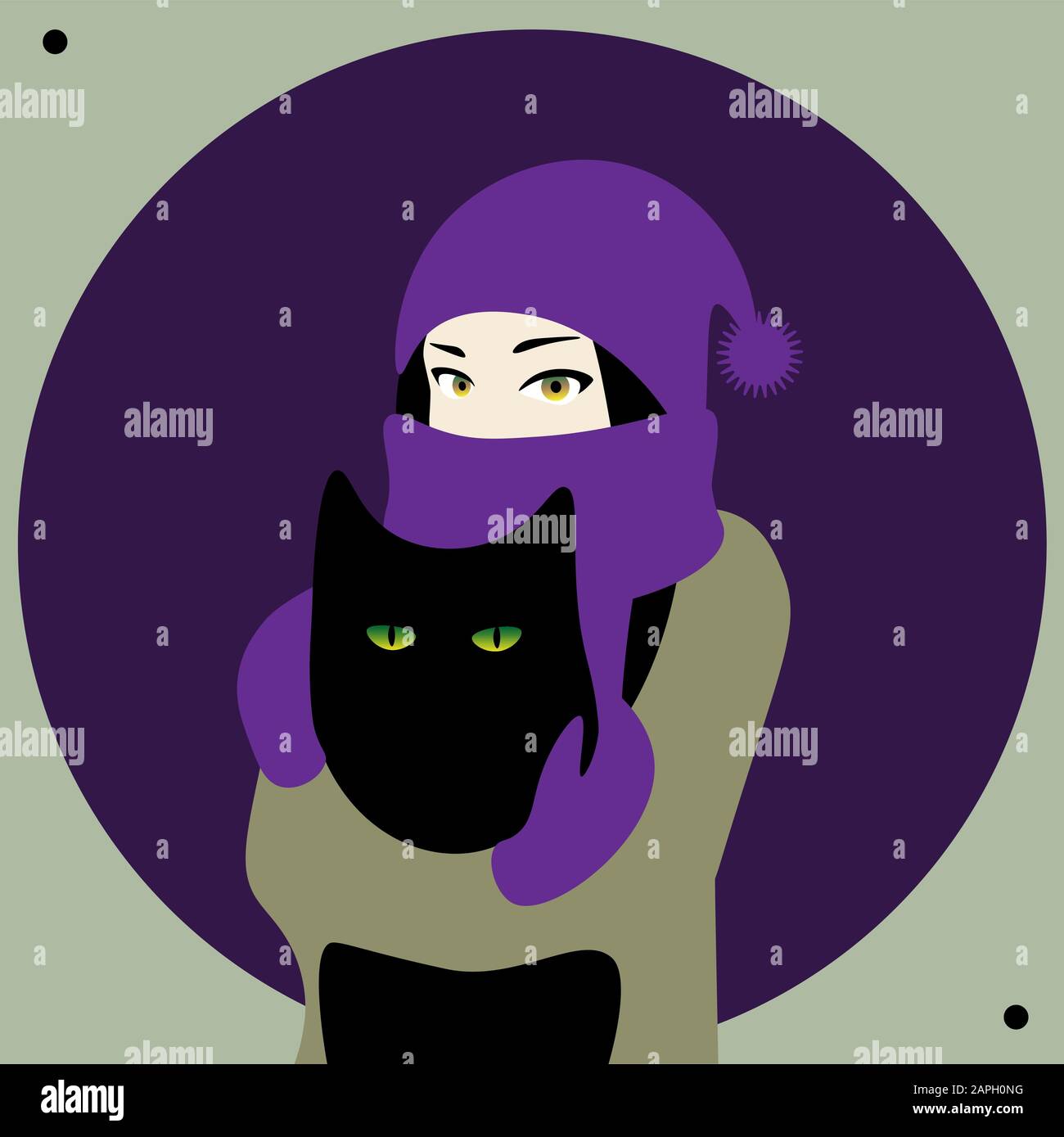Cold weather, girl in warm clothes hugs a cat on violet background ...