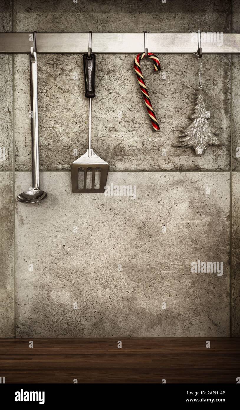 hanging kitchen utensils, retro entourage Stock Photo - Alamy