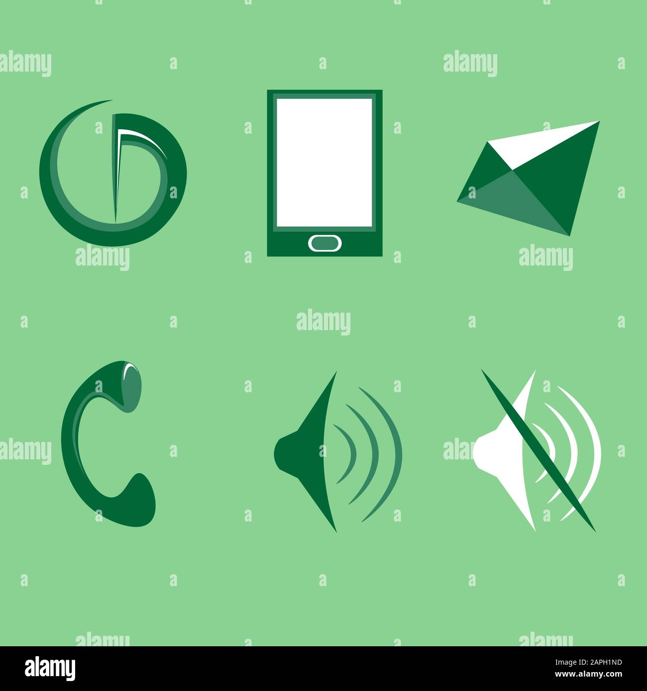 Six web icons in green and white colors: power, mobile, envelope ...