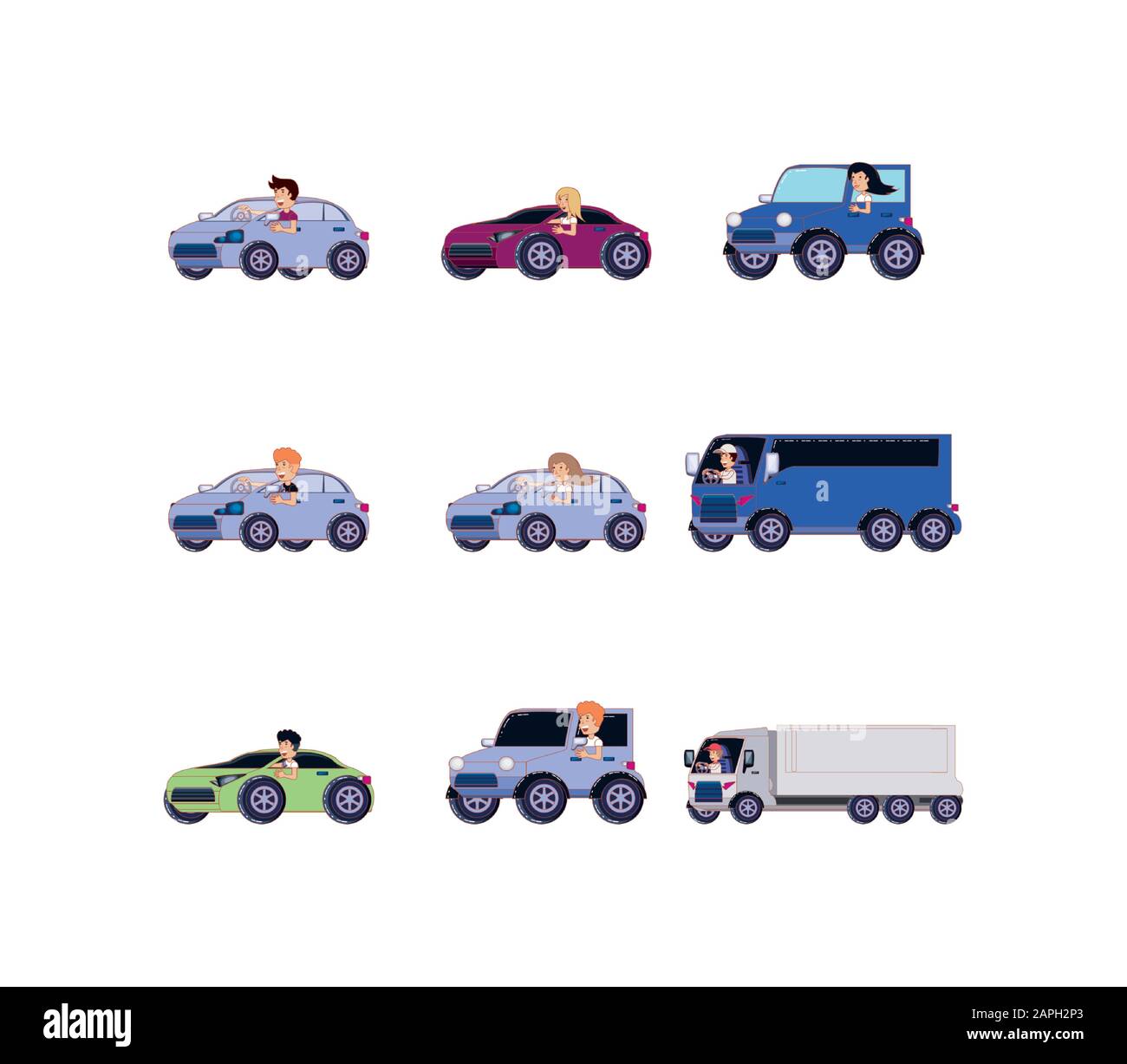 People inside vehicles icon set design, Transportation travel trip ...